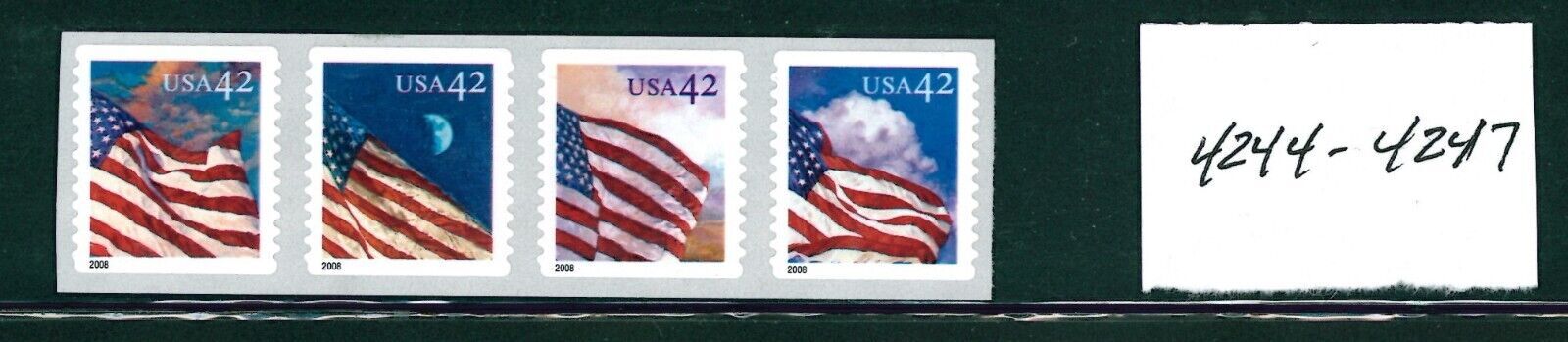US Scott # 4244 - 4247 42c Flags 2008 Perf 11 MNH coil strip of 4 MNH ...