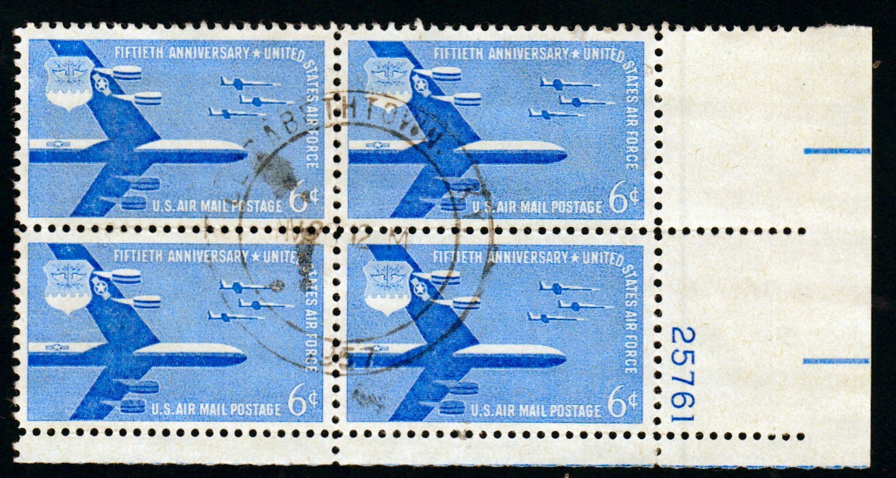 SC# C49 - (6c) - 10th Anniv. USAF, USED plate block/4 - LR # 25761 ...