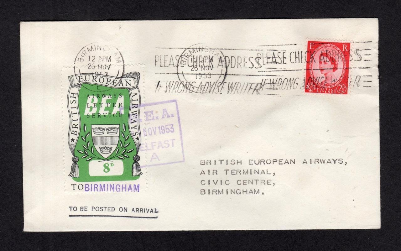 8d BEA AIR Letter Label 'TO Birmingham' Used on 1953 Cover | United ...