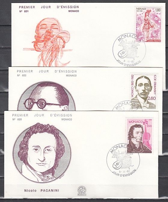 Monaco, Scott cat. 1346-1348. Composers & Ballerina. 3 First day covers ...