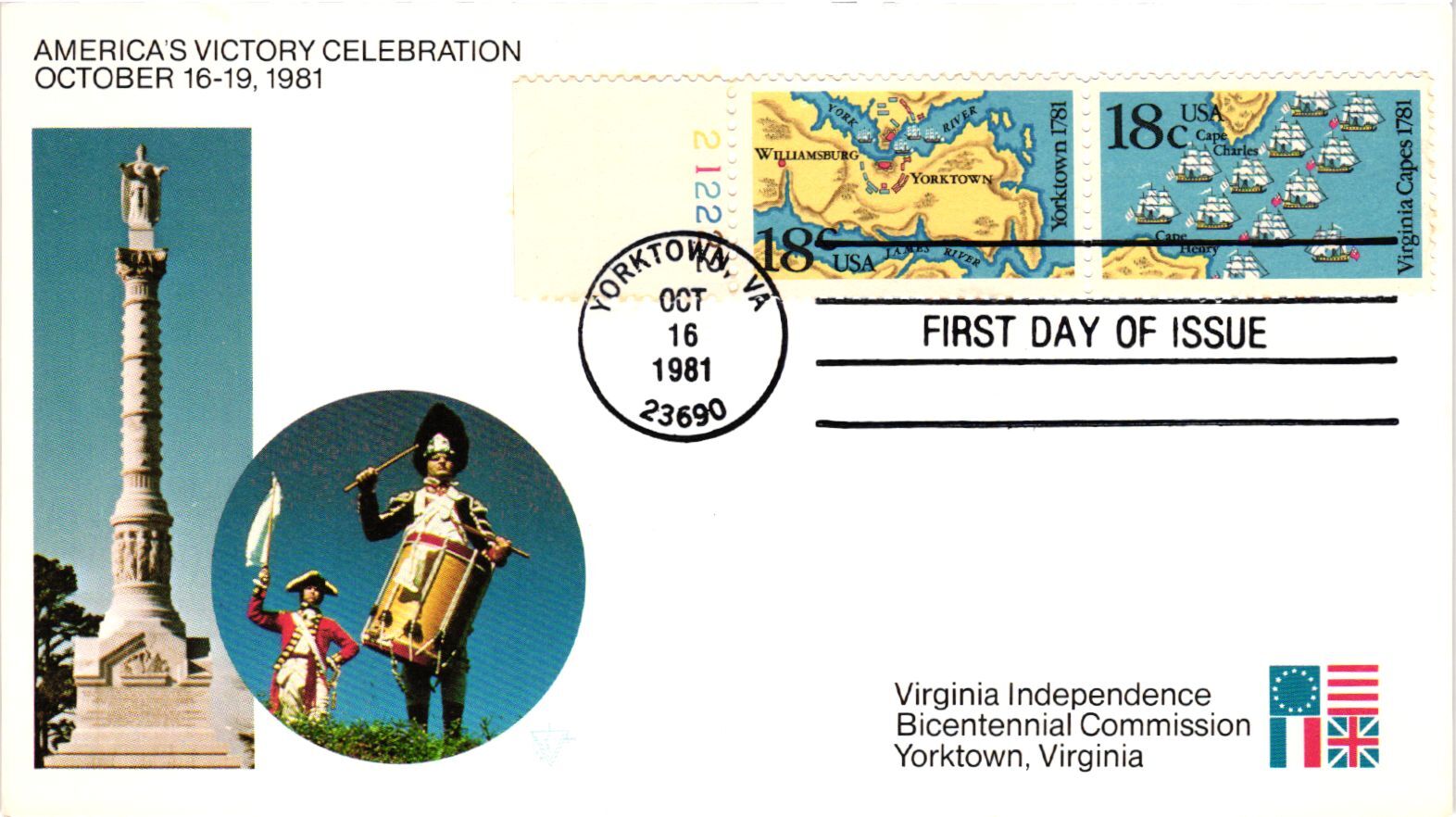 #1938a Yorktown Virginia Capes =1st VIRGINIA INDEPENDENCE BICENTENNIAL ...