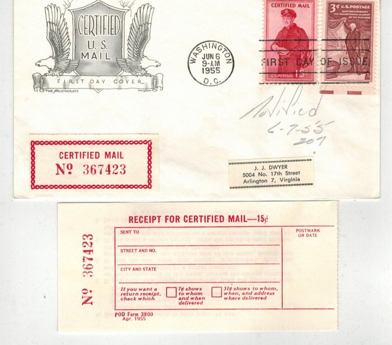 1955 Certified Mail FA1 FDC With Mailing Label and Receipt Notified Day ...