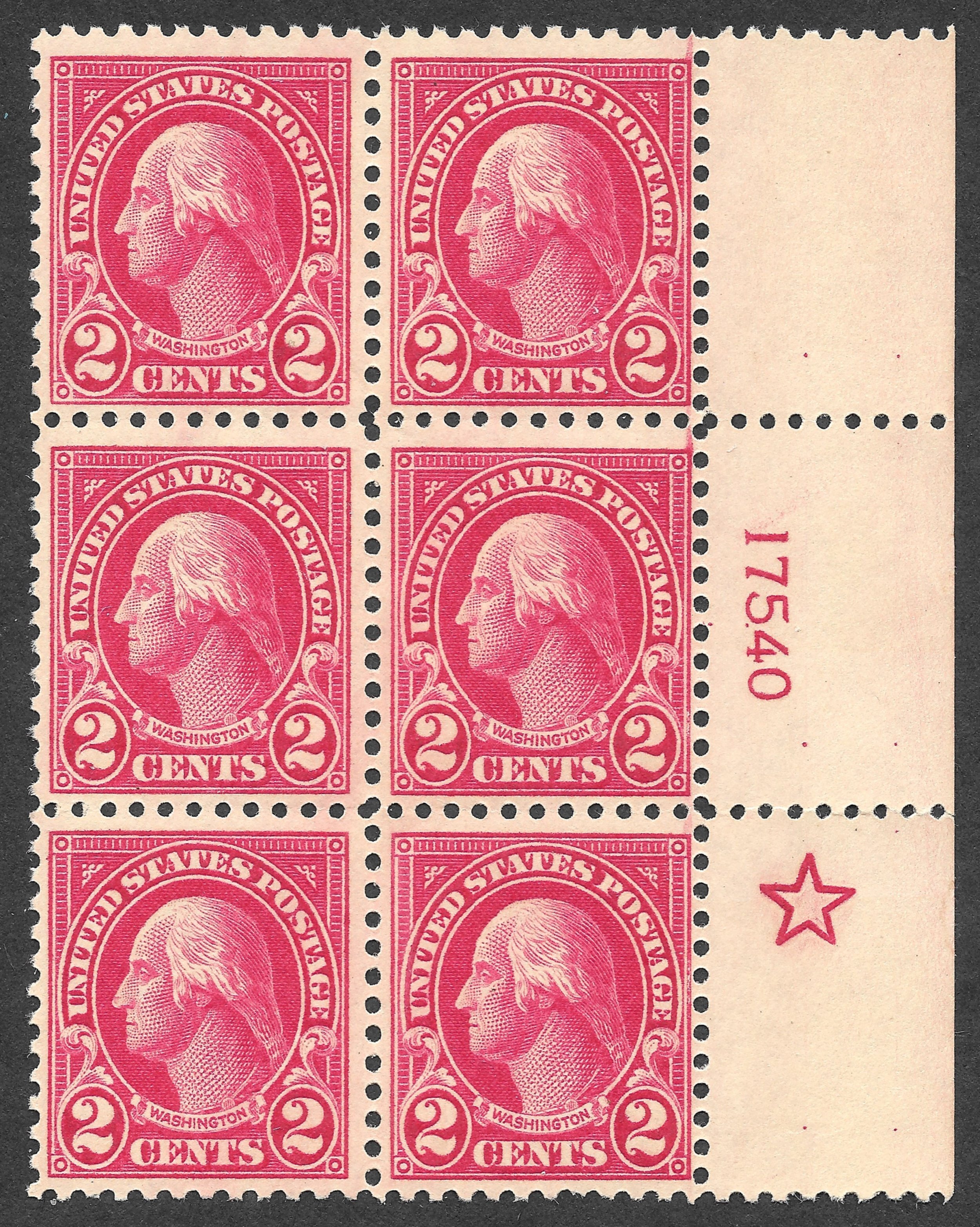 MNH 1923 Washington 2c PNB of Six Postage Stamps W/Star, Scott #554 ...