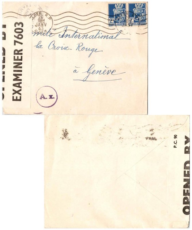 Algeria 2F Arms of Oran (2) 1943 Alger R.P. Alger to International Red ...