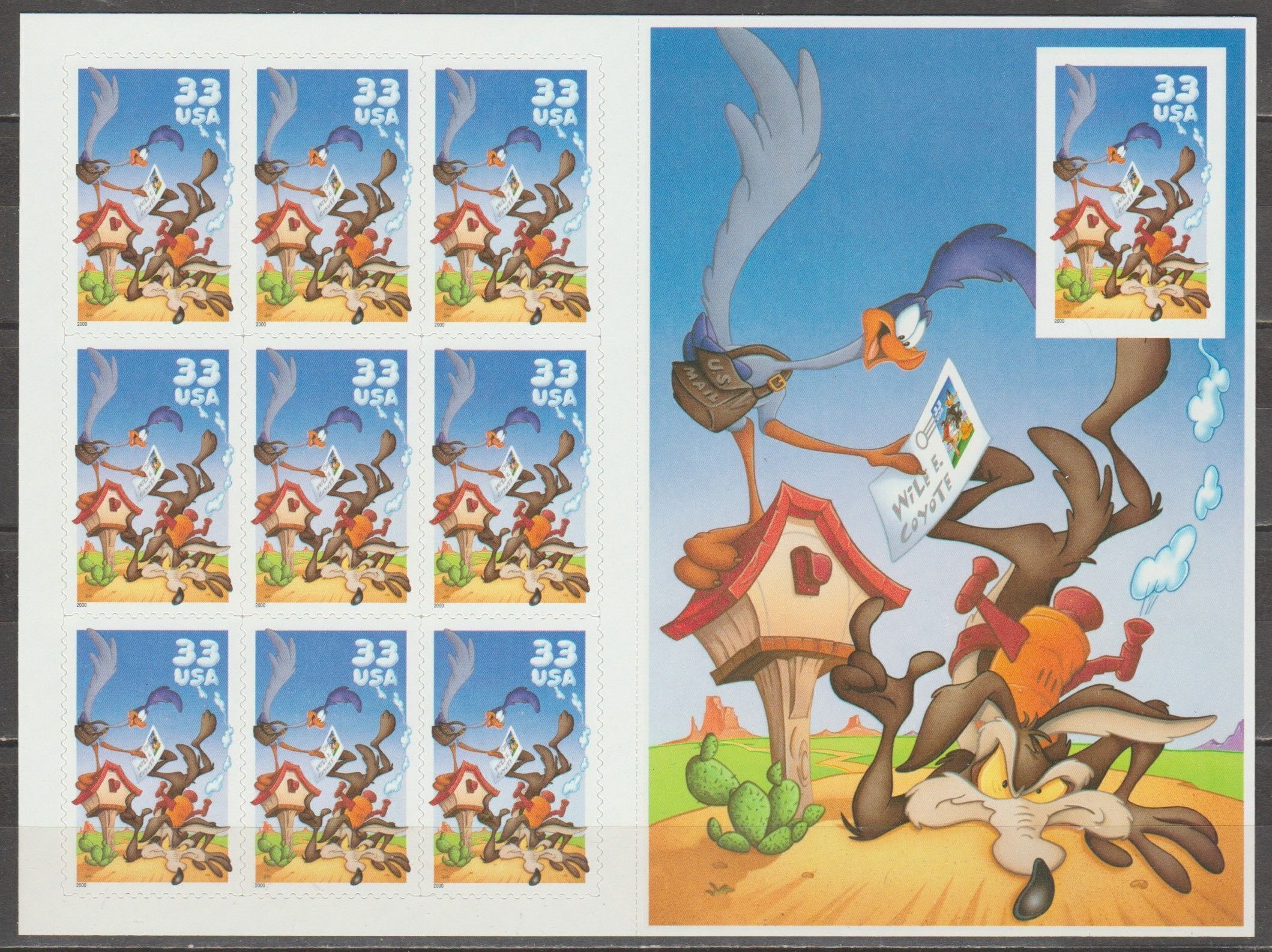 3392, Pane of 9 + 1 Imperf. "Looney Tune-Wile E. Coyote & Road Runner ...