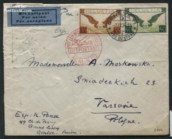 Switzerland 1934, Airmail letter from Geneva to Warsaw | Europe ...