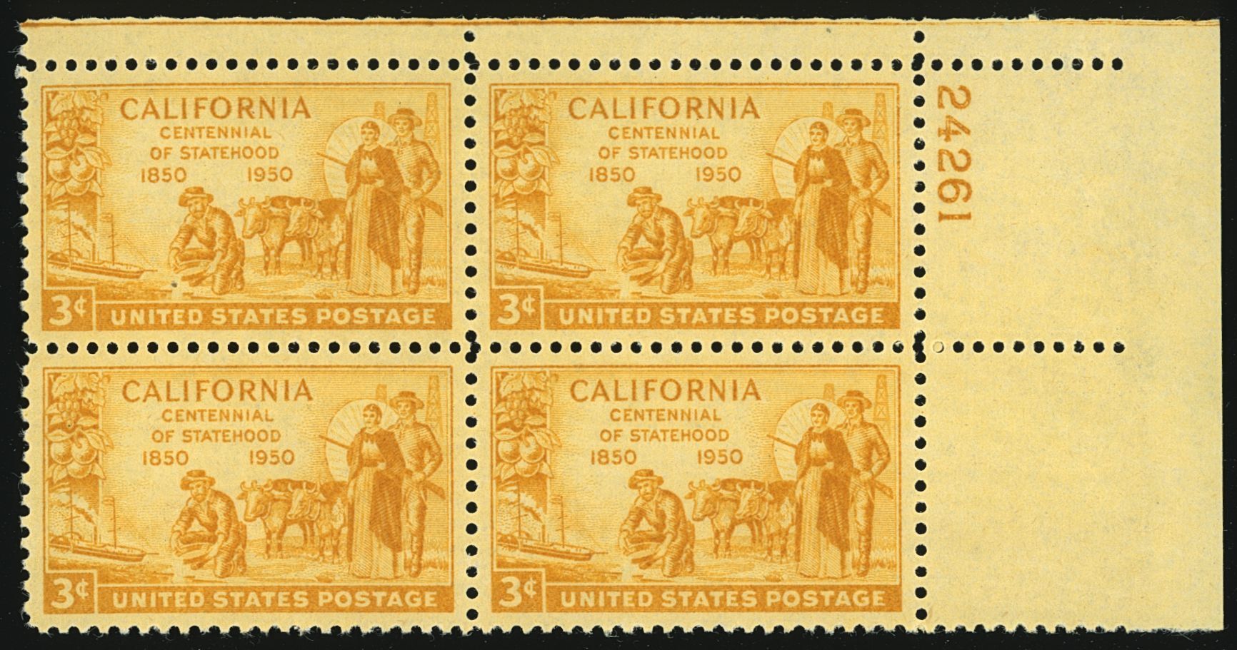 US Sc 997 VF/MNH PLATE BLOCK - 1950 3¢ California Statehood Centennial ...