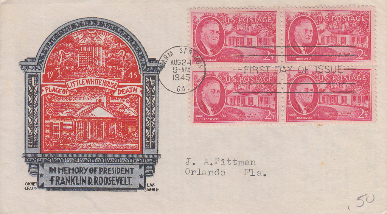 1945 Roosevelt Memorial (4) B4 (Scott 930-33) Staehle TA FDC | United ...