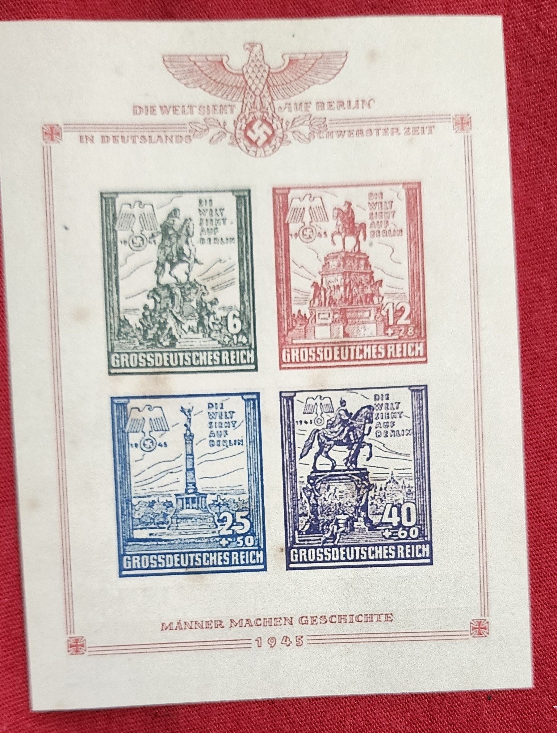 Nazi Germany Souvenir Stamp Sheet Berlin Statues Third Reich WW2 German ...