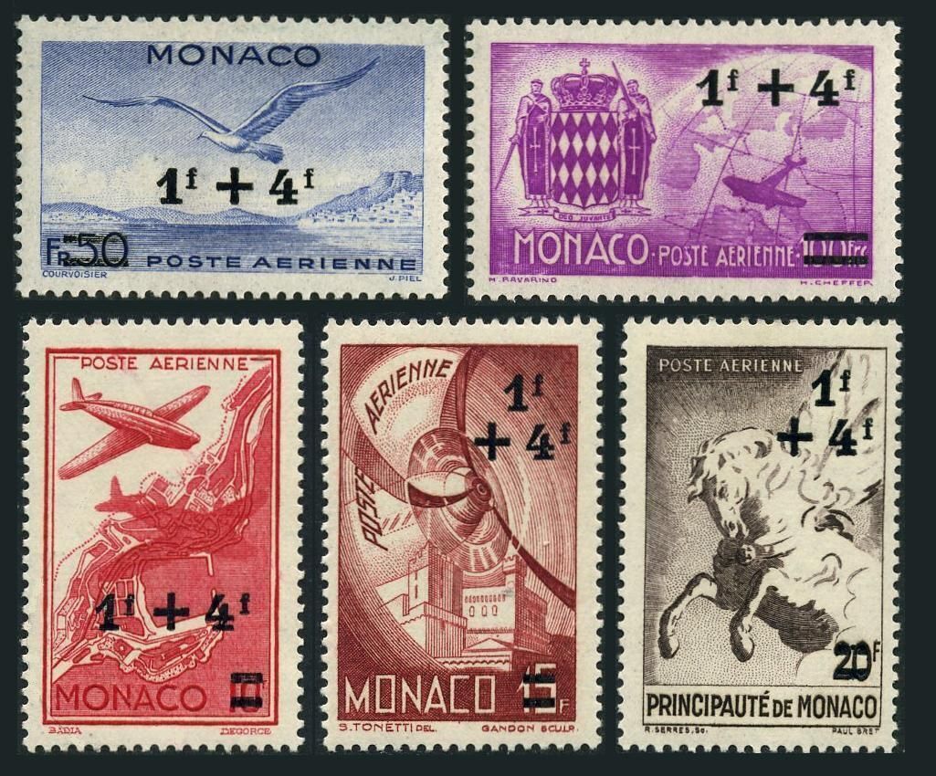 Monaco CB1-CB5, hinged. Mi 297-301. Plane over Monaco, Propeller ...