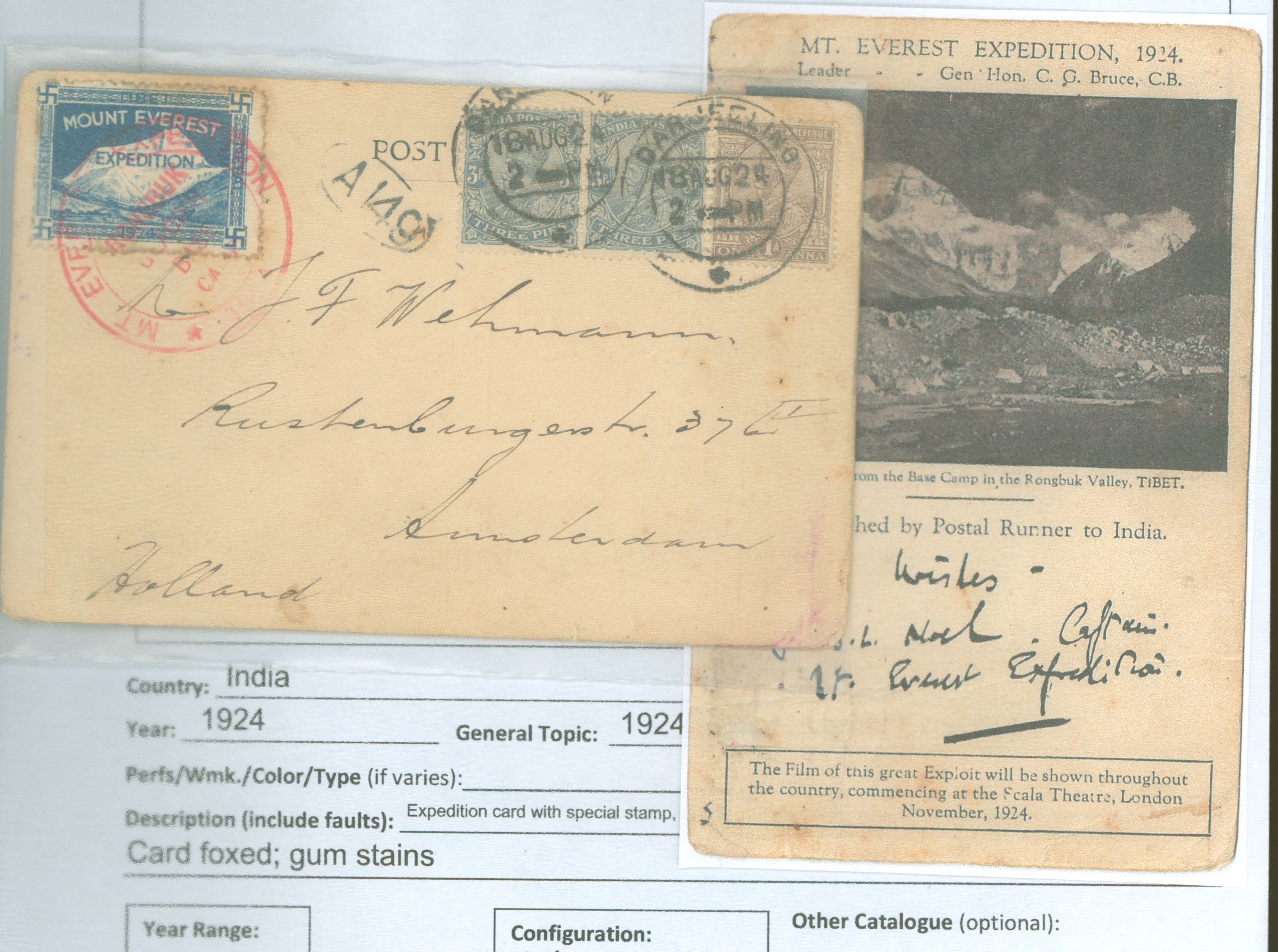 India 1924 Mount Everest Expedition. Expedition card with special stamp ...