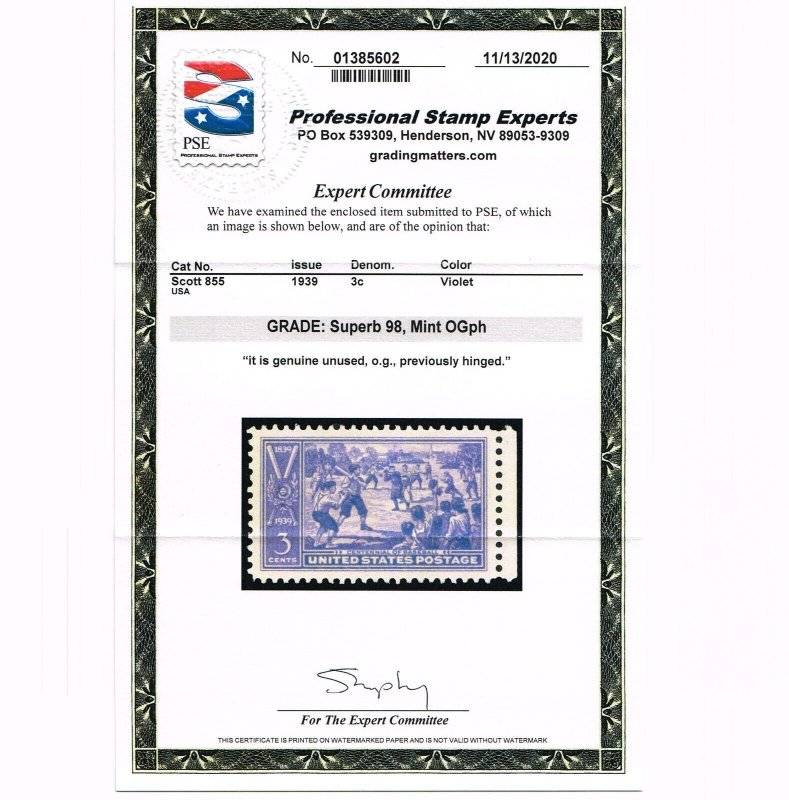 Exceptional Genuine Scott #855 Mint Pristine OG Xxxlh PSE Cert Graded ...