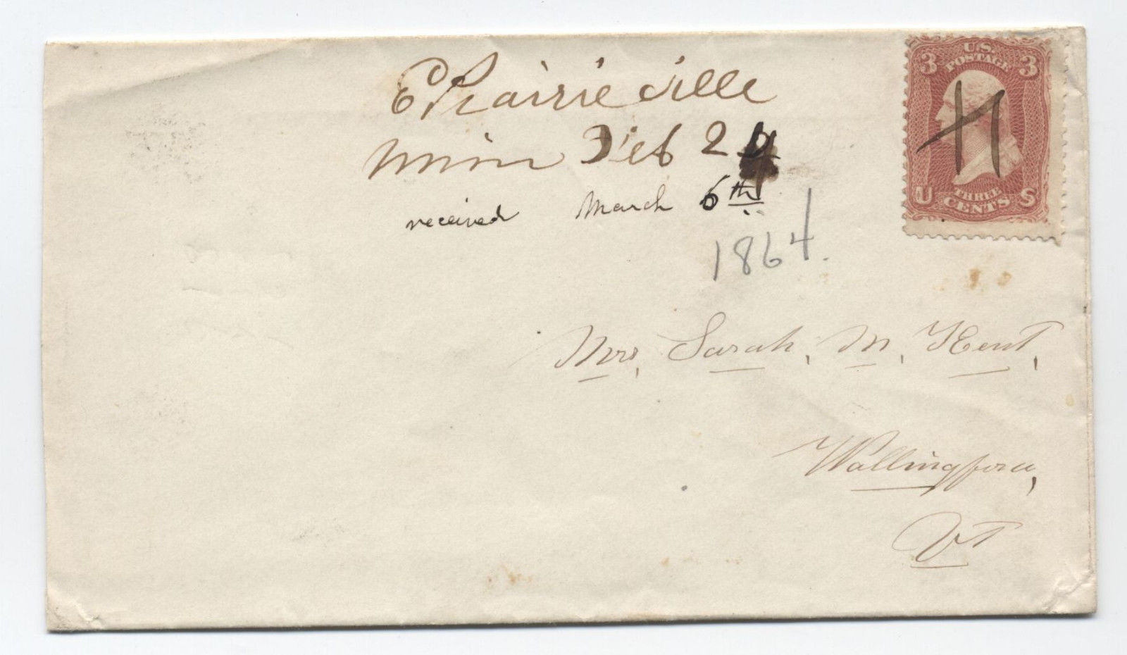 1864 East Prairieville MN manuscript postmark on #65 cover to VT [y2430 ...