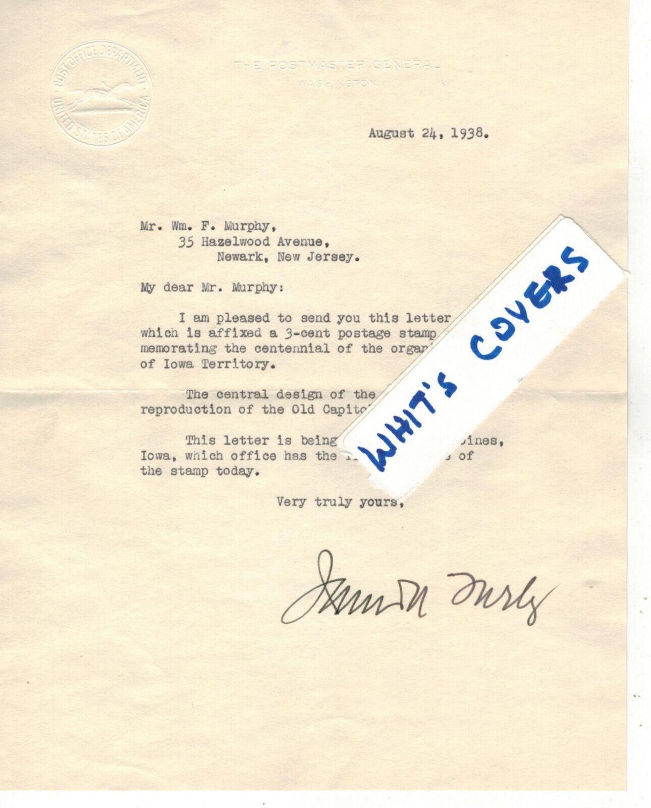 1938 Embossed PMG ENV Signed James Farley Letter 838 Iowa Territory Des ...