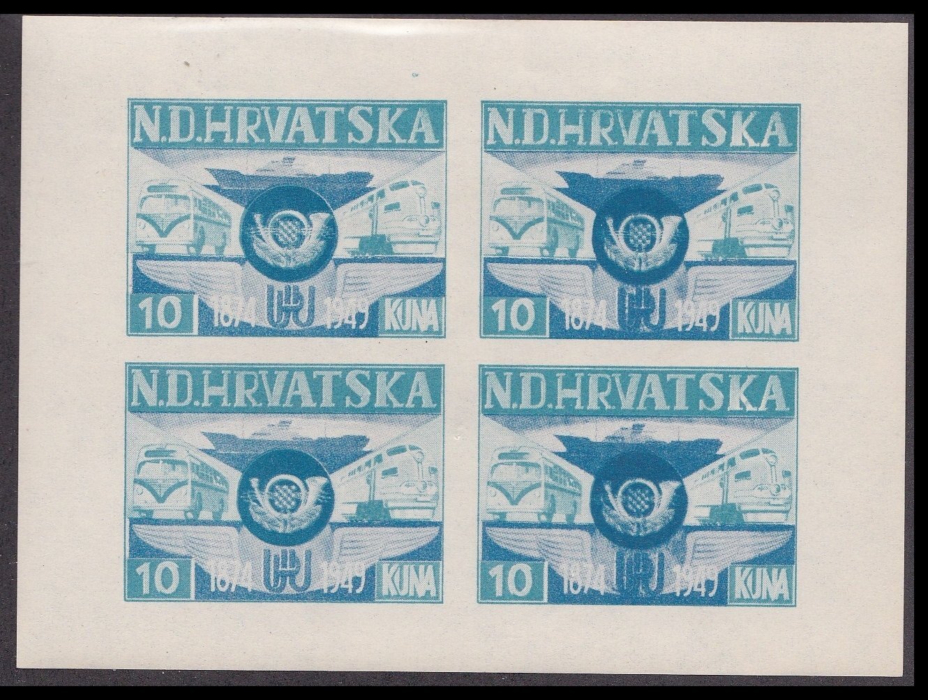 Croatia N.D. Hrvatska 1949, UPU 10 Kuna Imperf Sheet of 4 MH Stamps ...