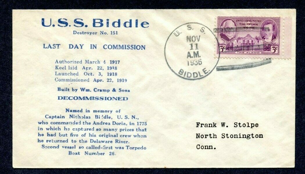 1936 USS BIDDLE DD-151 Wickes Class Destroyer 3c Scott 776 | United ...