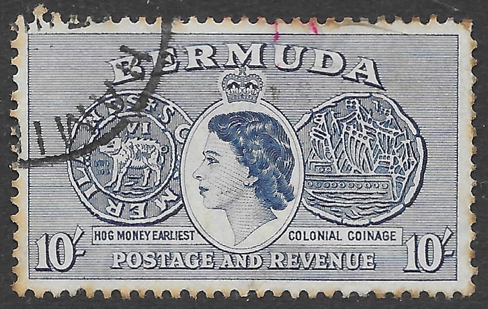 Bermuda Scott 161 Used, 10/- deep ultramarine Earliest Hog Coin issue ...