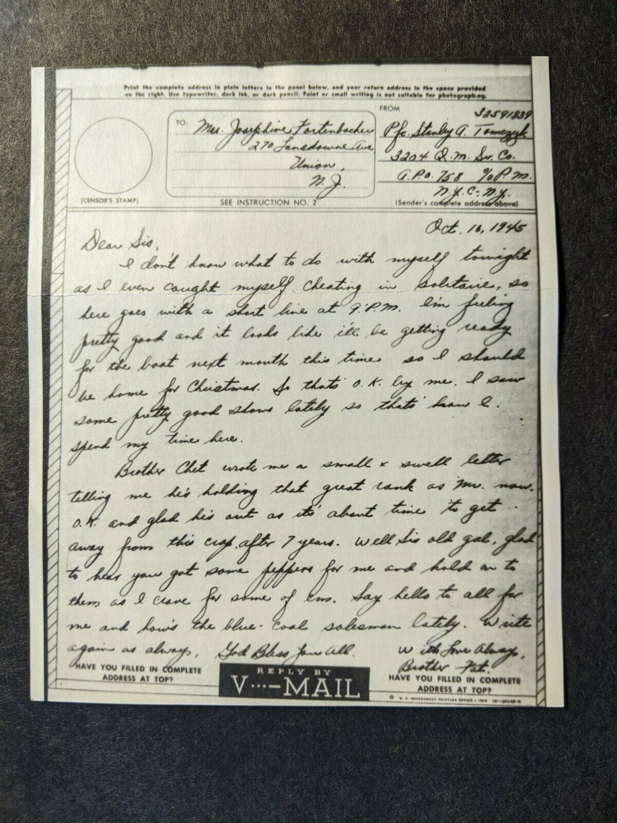 APO 758 Heidelberg, Germany 1945 Wwii Army V-Mail Letter 3204 QM Sv Co ...