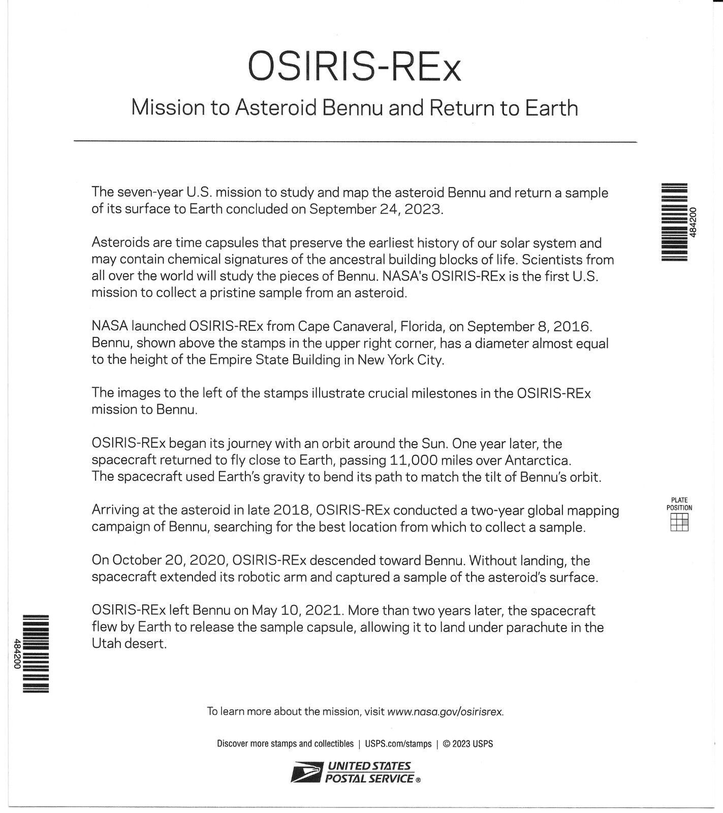Scott #5820a IMPERFORATE (NO DIE-CUT) 2023 OSIRIS-Rex Pane of 20 ...