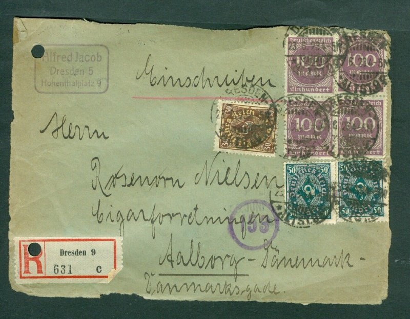 Germany. 1923 Cover, Front Inflations. 7 Stamps. Reg: Dresden 631 ...