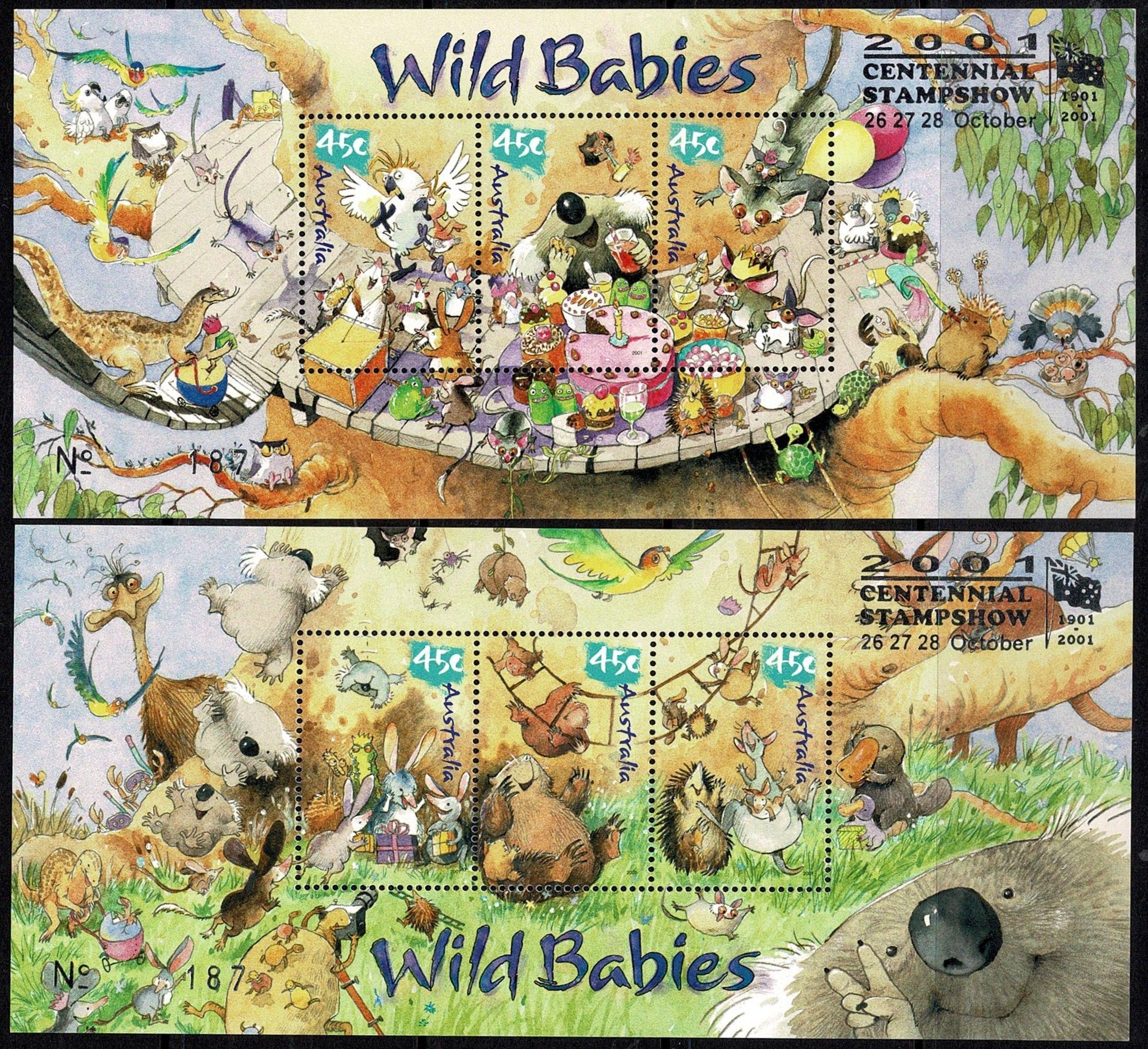 Australia 2001 Wild Babies Minisheets Overprinted CENTENNIAL STAMPSHOW ...