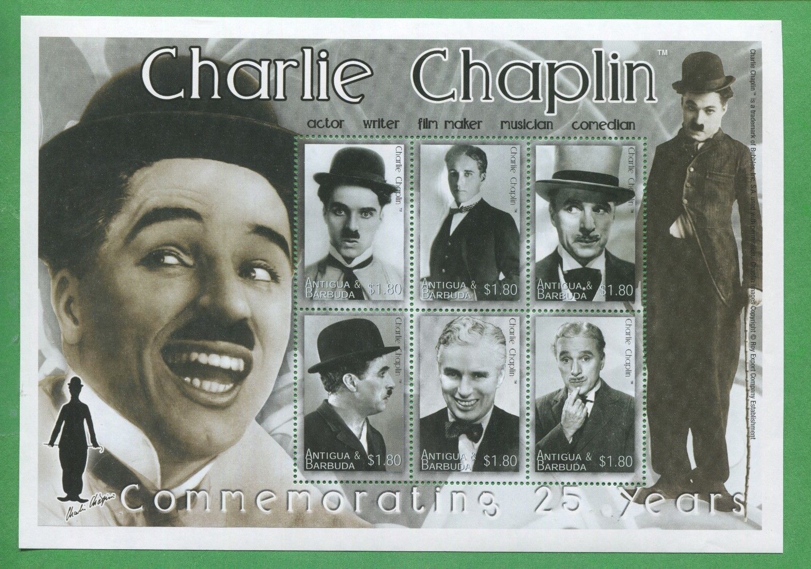 Charlie Chaplin Commemorating 25 Years Souvenir Stamp Sheet #2589 ...