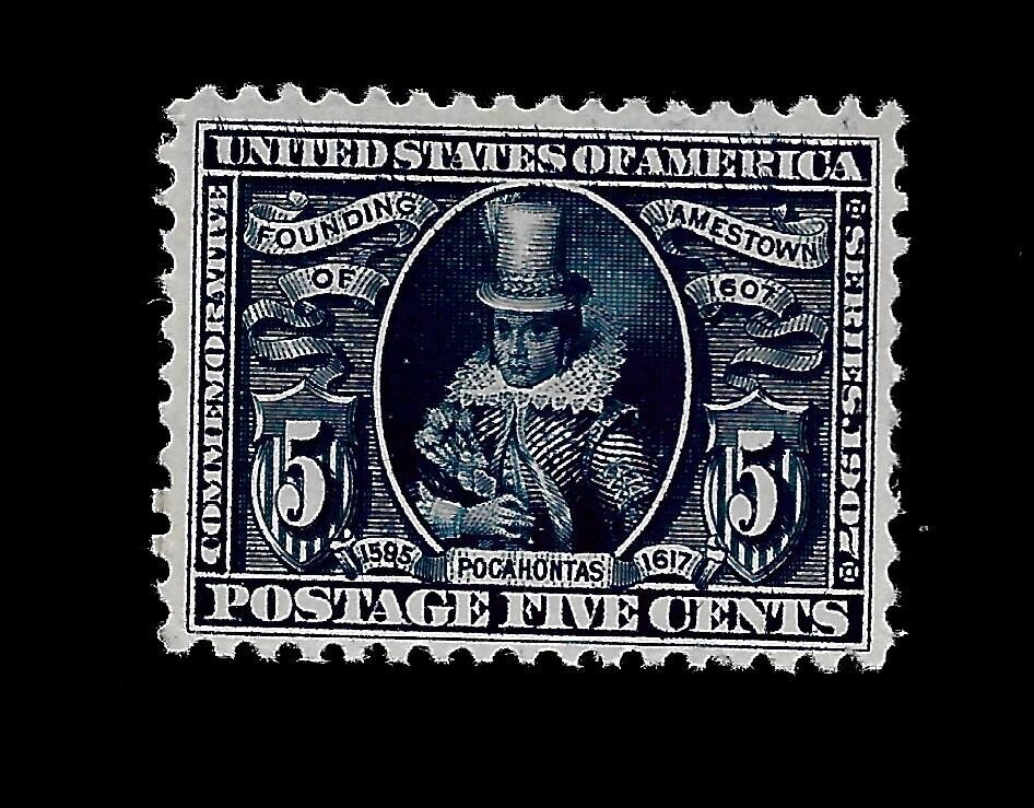US 1907 Sc 330 5c Jamestown Pocahontas Mint VLLH* Centered -Vivid Color ...