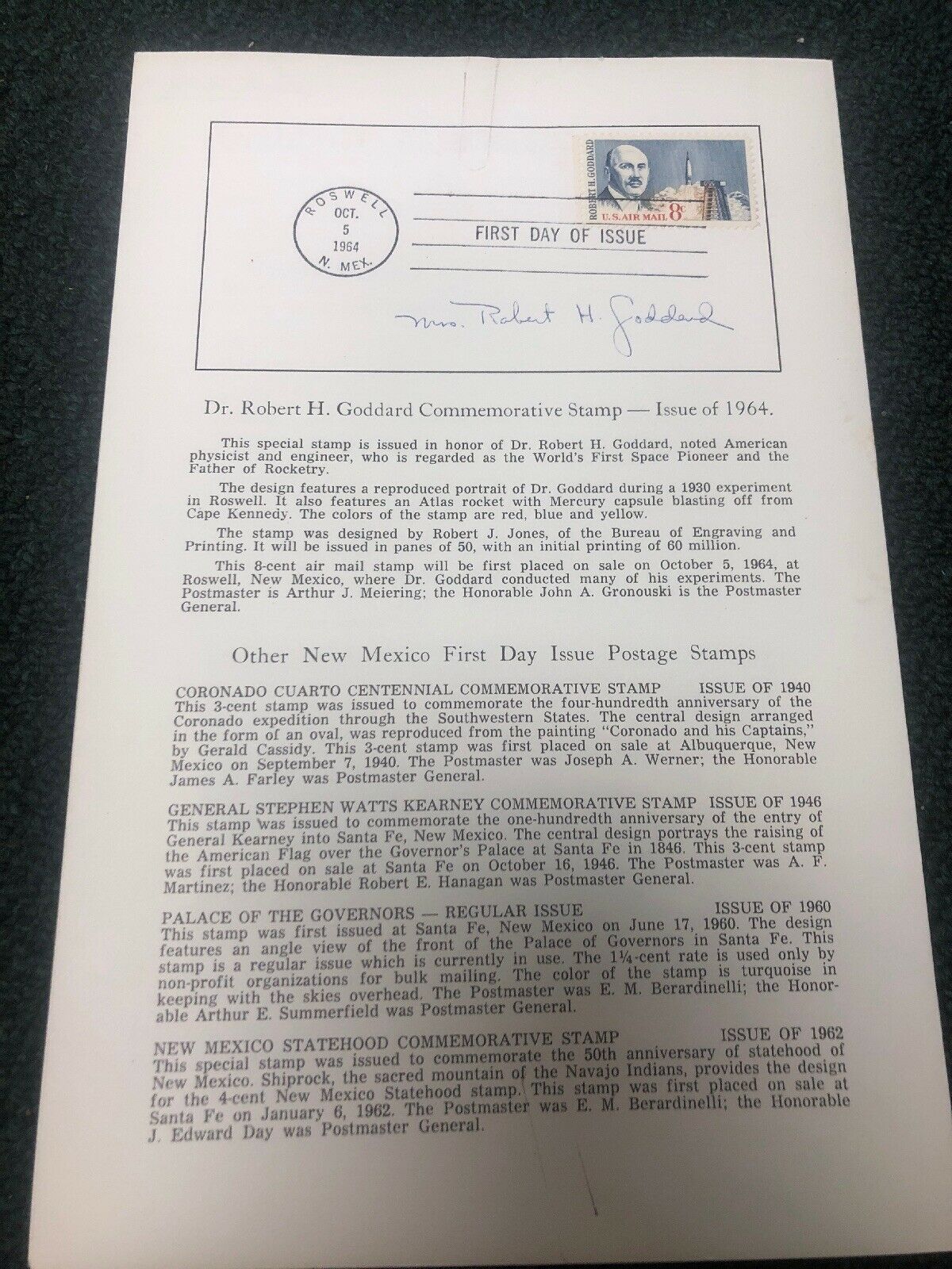 Mrs. Robert H. Goddard Autograph On First Day Ceremony Program | United ...