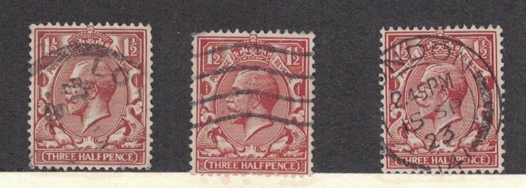 Great Britain 161 - King George V. 1 1/2 Penny. 3 x Singles. Used. #02 ...