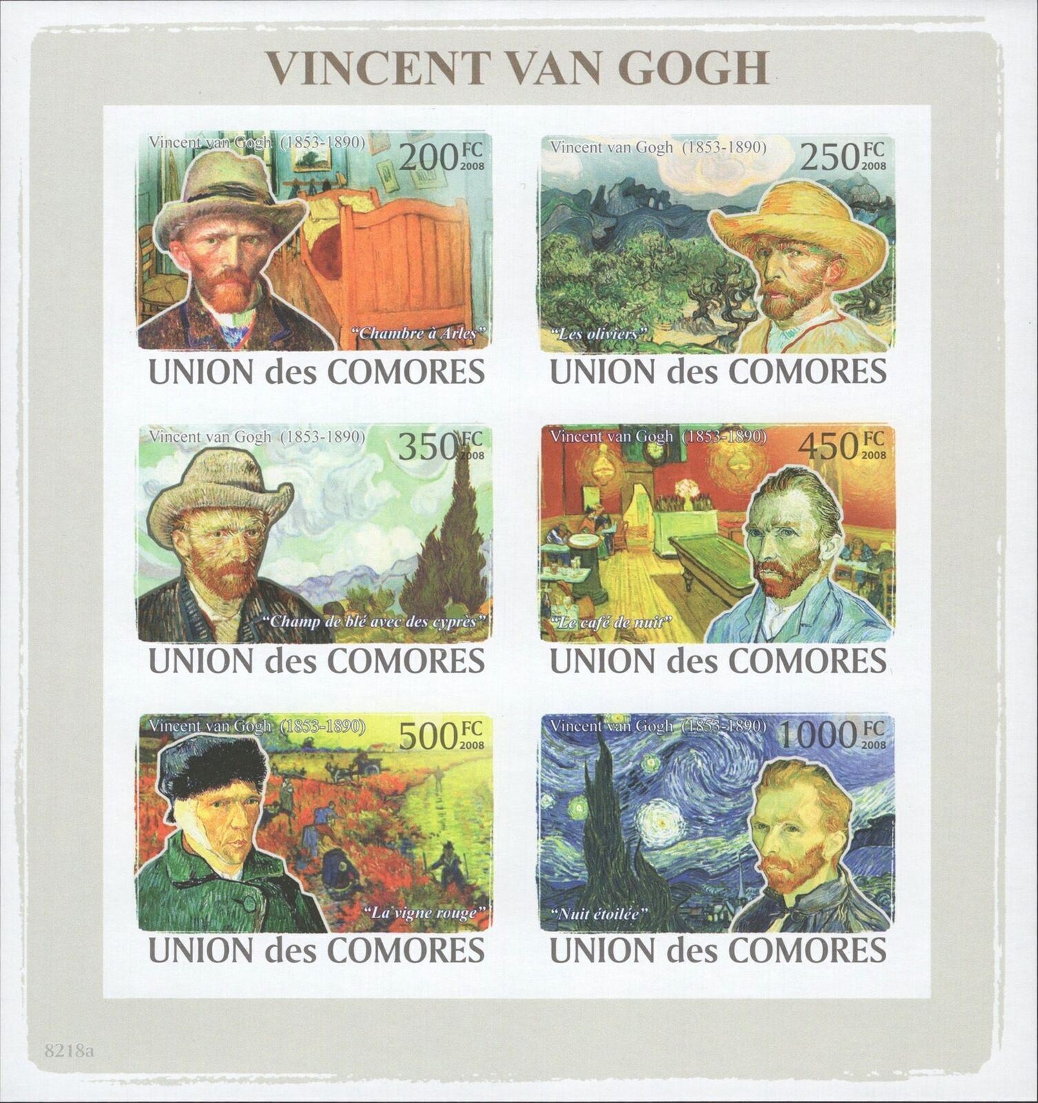Vincent Van Gogh, Paintings, Art, Imperforate Souvenir Sheet of 6 stamp ...