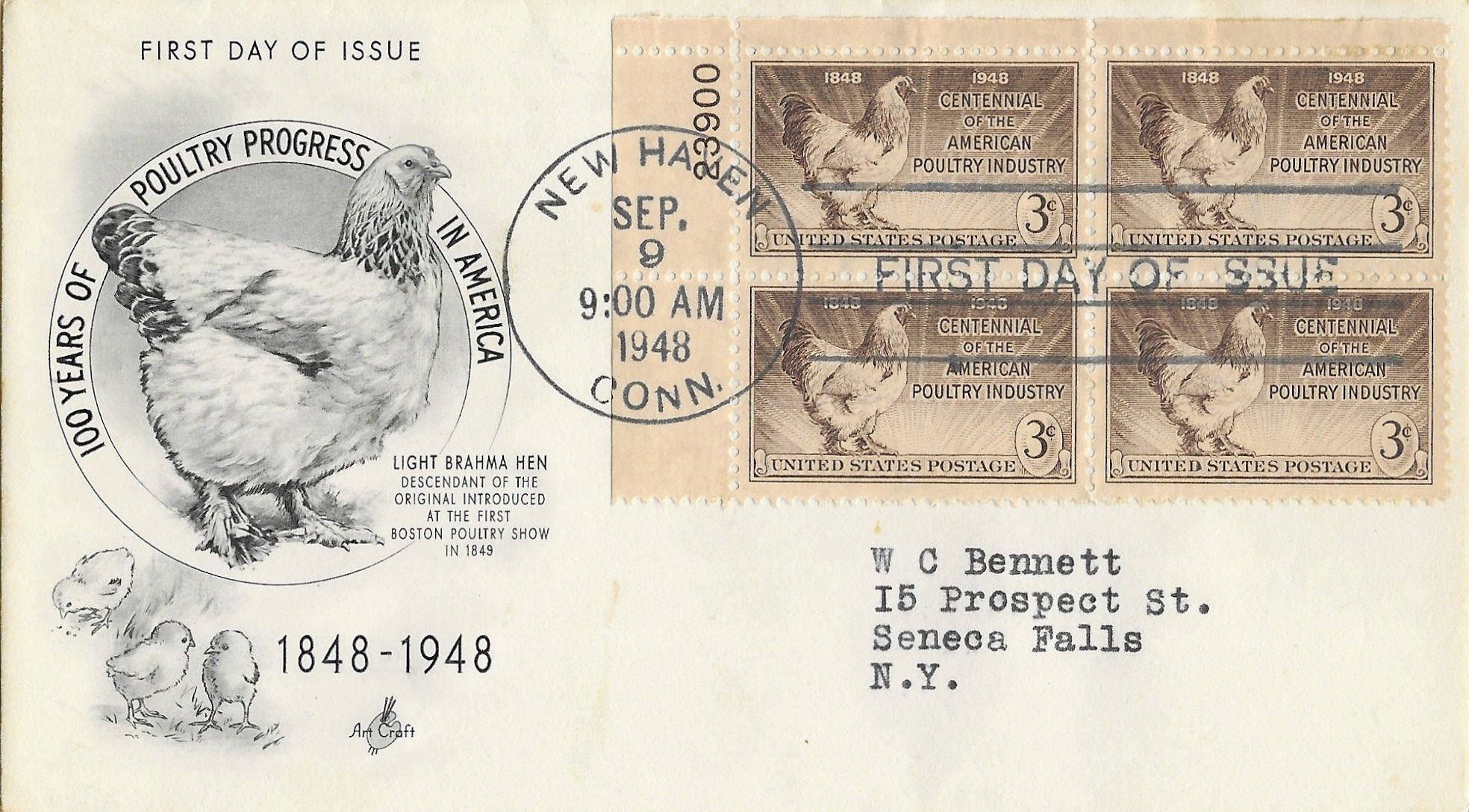1948 FDC, #968, 3c Poultry Industry, Art Craft, plate block (UR ...