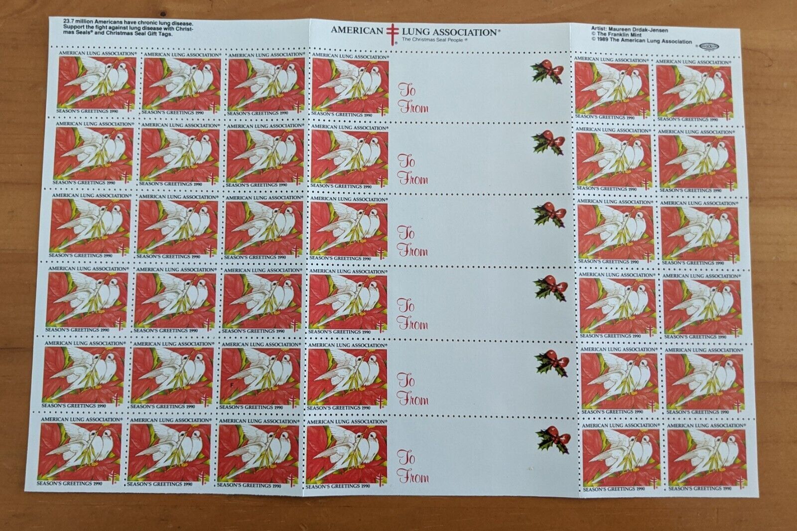 1990 USA CHRISTMAS SEALS -STAMPS FULL SHEET of 36 Dove Stamps + (6 ...