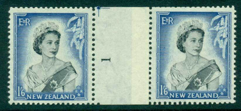 New Zealand 1954 QEII 1/6d Black & Ultramarine Coil Join #1 pair number ...