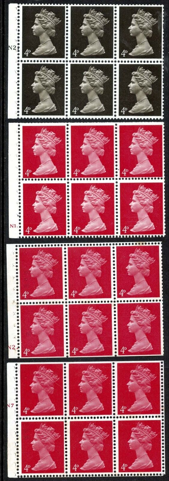 GB 1967 Machin booklet cylinder panes: 4d sepia CB N2T, 4d red N1, N2 ...