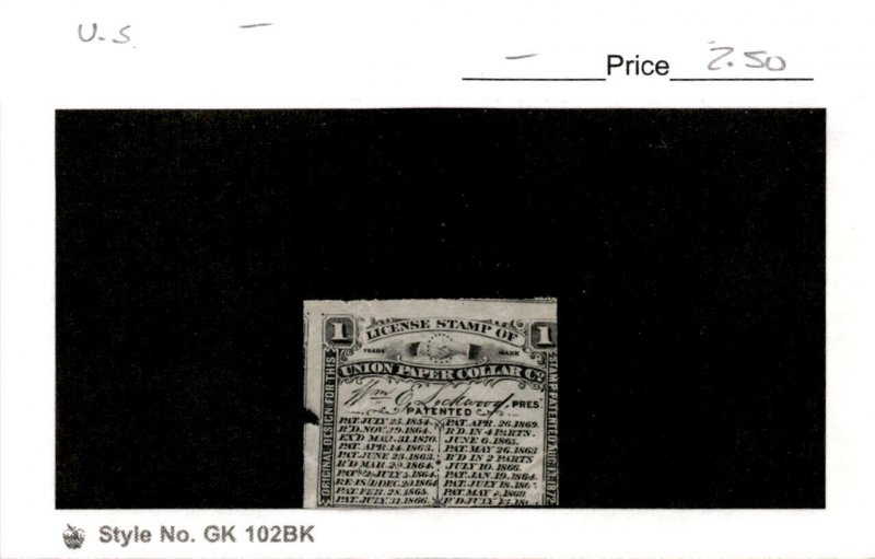 United States Postage Stamp, # License Stamp Union Paper Collar Co ...