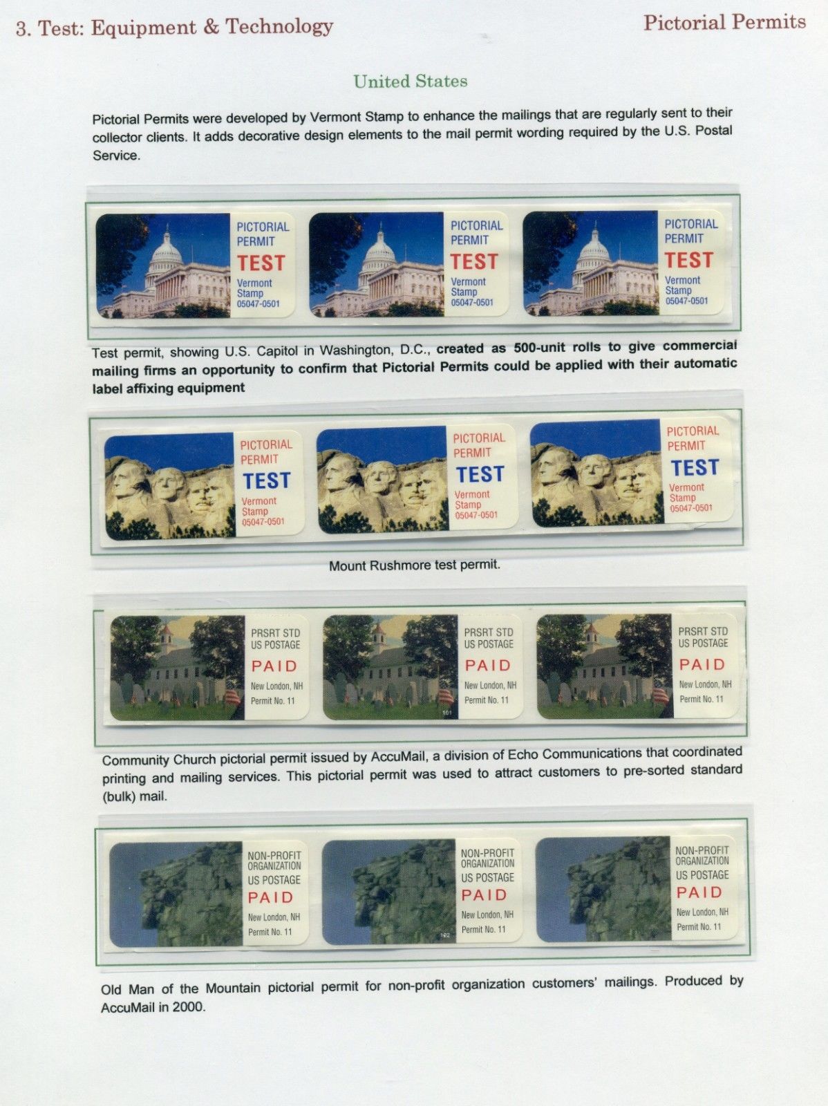 PICTORIAL PERMIT TEST STAMPS & MORE DEVELOPED BY VERMONT STAMP CO. (LOT ...