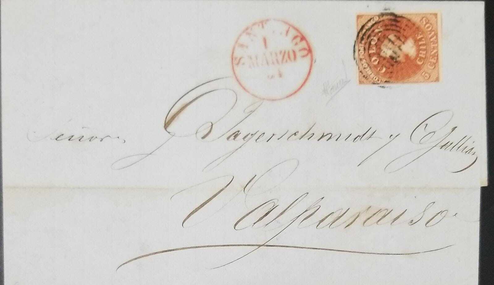 O) 1854 Chile,Christopher Columbus, 5 C Deep Red Brown, Large Margins ...