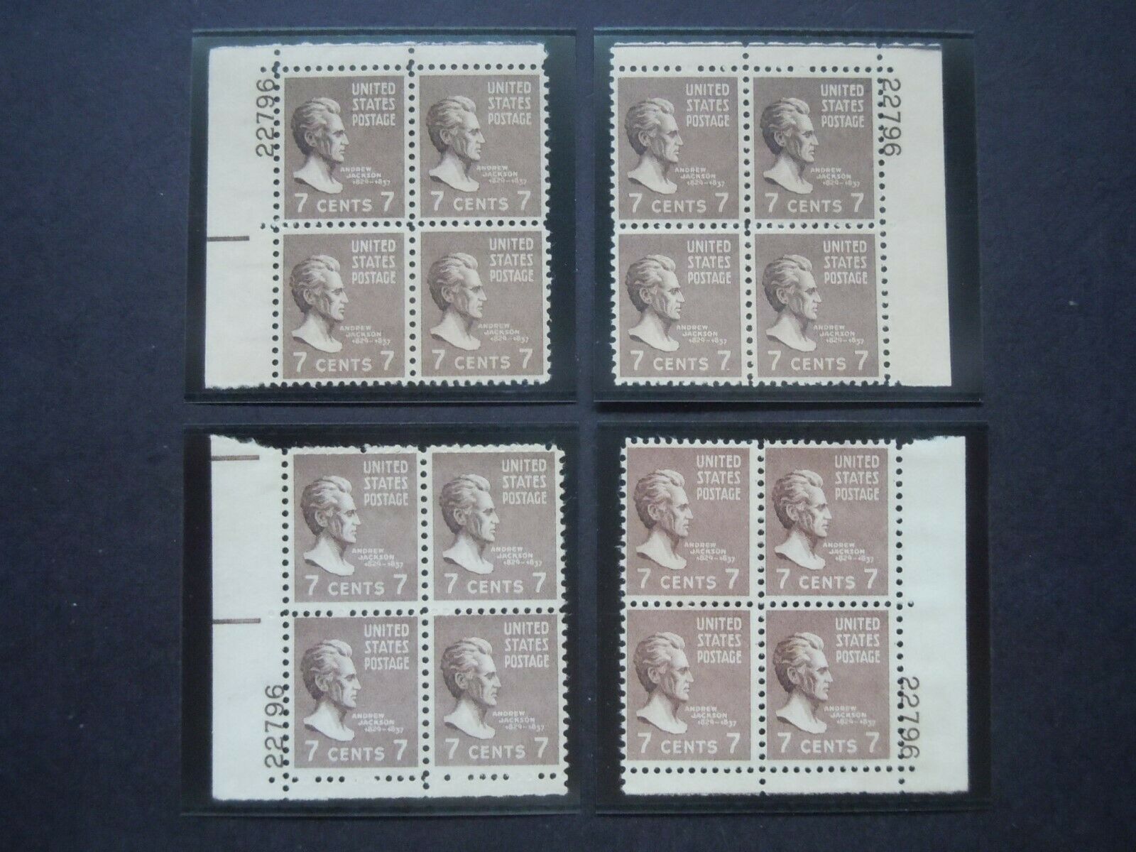 #812 7c Andrew Jackson Plate Block #22796 Matched Set MNH OG "Incs New ...