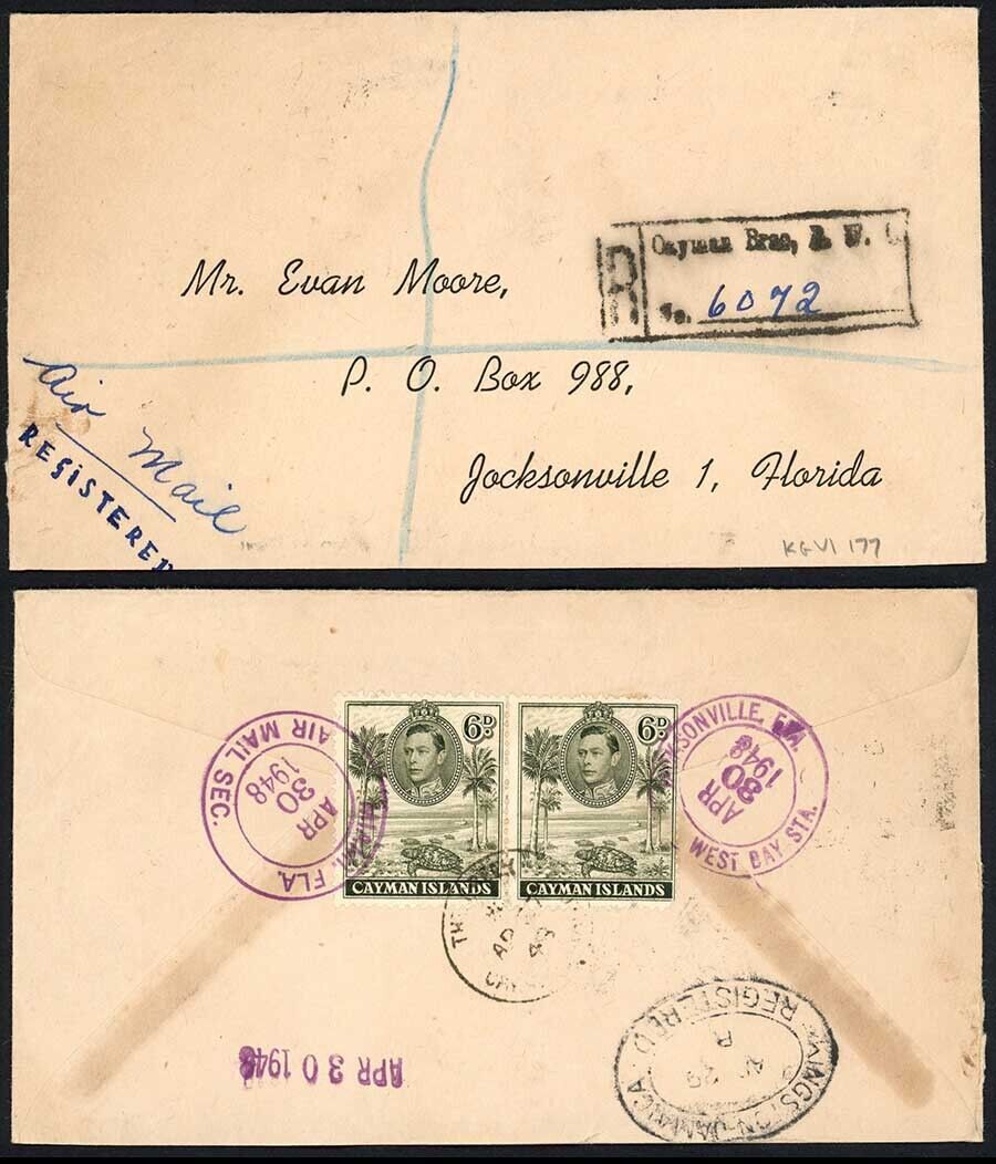 Cayman Islands 1948 registered and airmailed cover to USA THE CREEK pmk ...