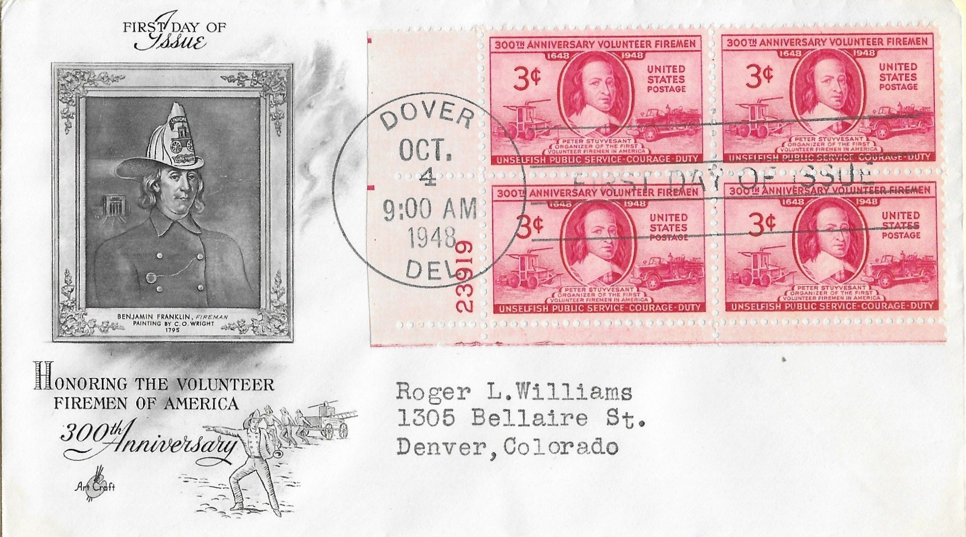 1948 FDC, #971, 3c Volunteer Firemen, Art Craft, plate block of 4 ...