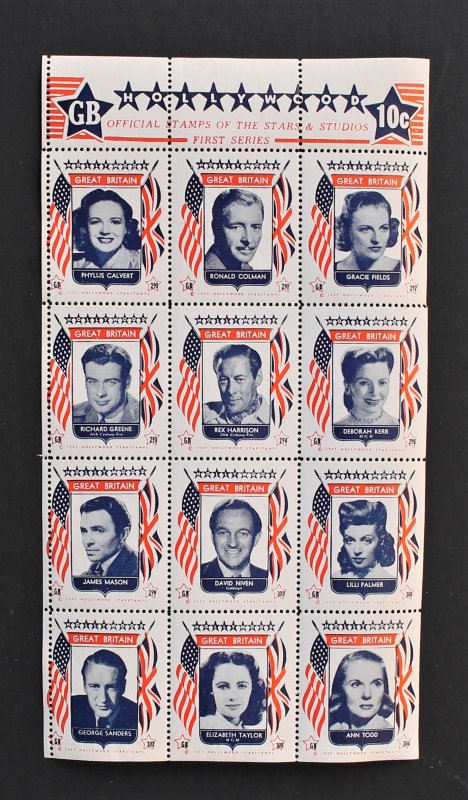 Hollywood Star Stamps S/S of 12, 1947 Elizabeth Taylor, Rex Harrison ...