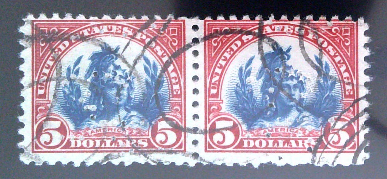 Scott#573 - VG - $5 Carmine & Blue - Used Perfin - Pair - 1923 | United ...