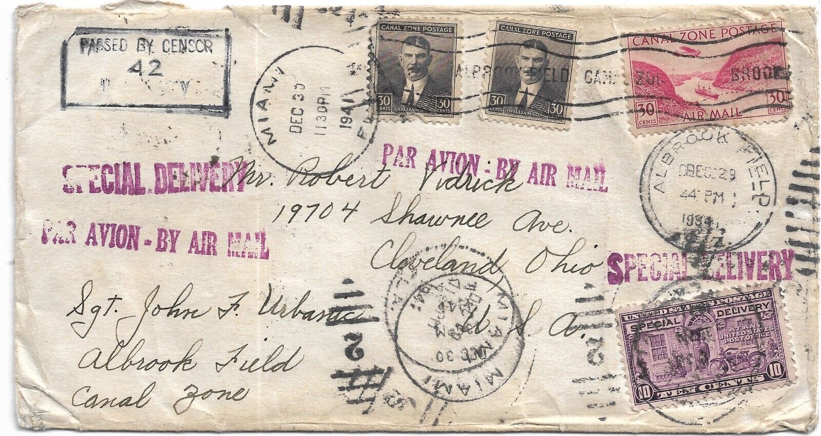 Albrook Field, Canal Zone to Cleveland, OH 1941 Airmail Spec. Del. Cens ...