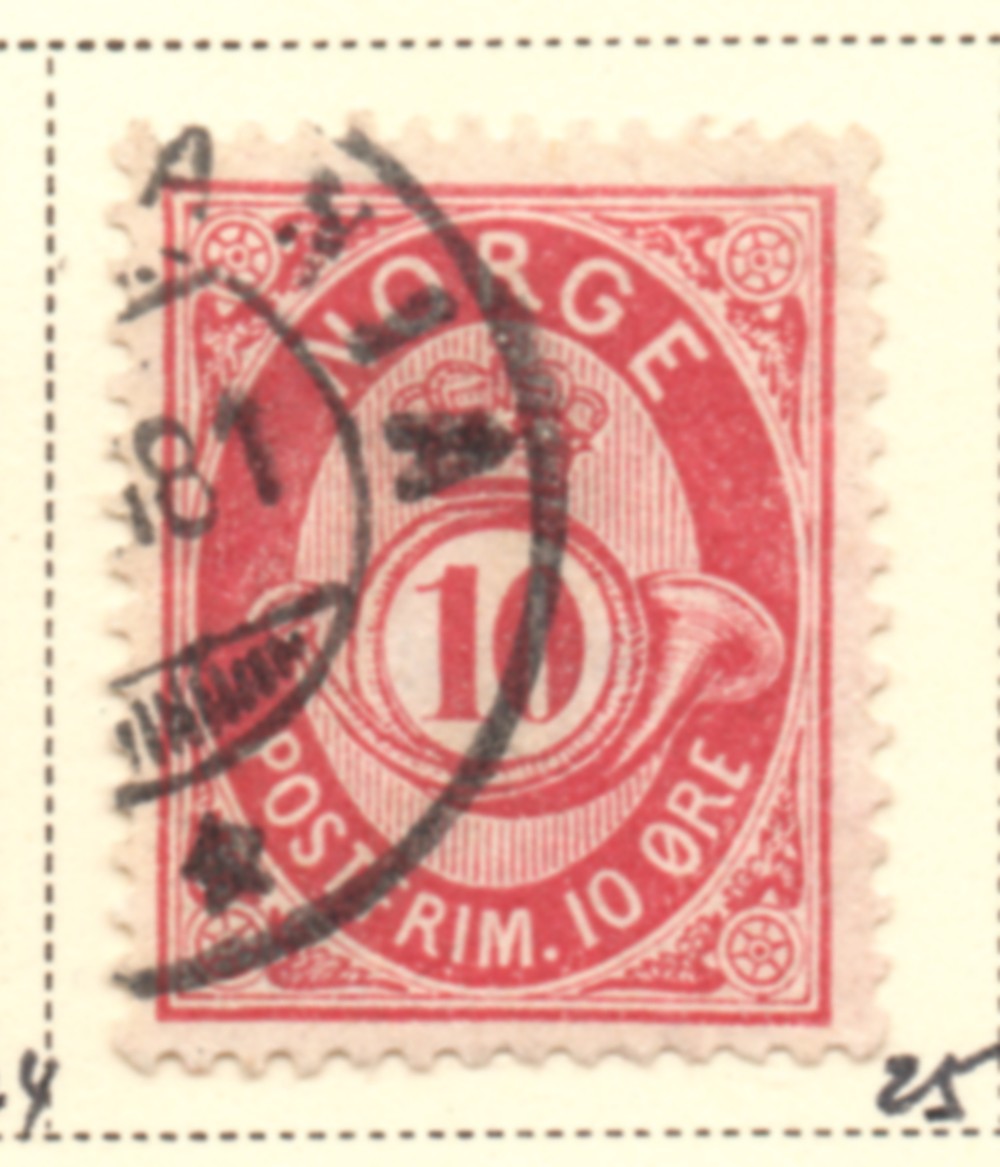 Norway Sc 25 1877 10 ore rose Post Horn stamp used / HipStamp