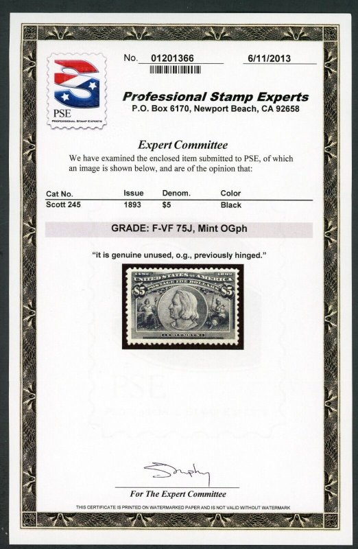 US Scott #245 Mint 75j Appears VF OG LH W/ PSE Certificate AK 7/3/23 ...