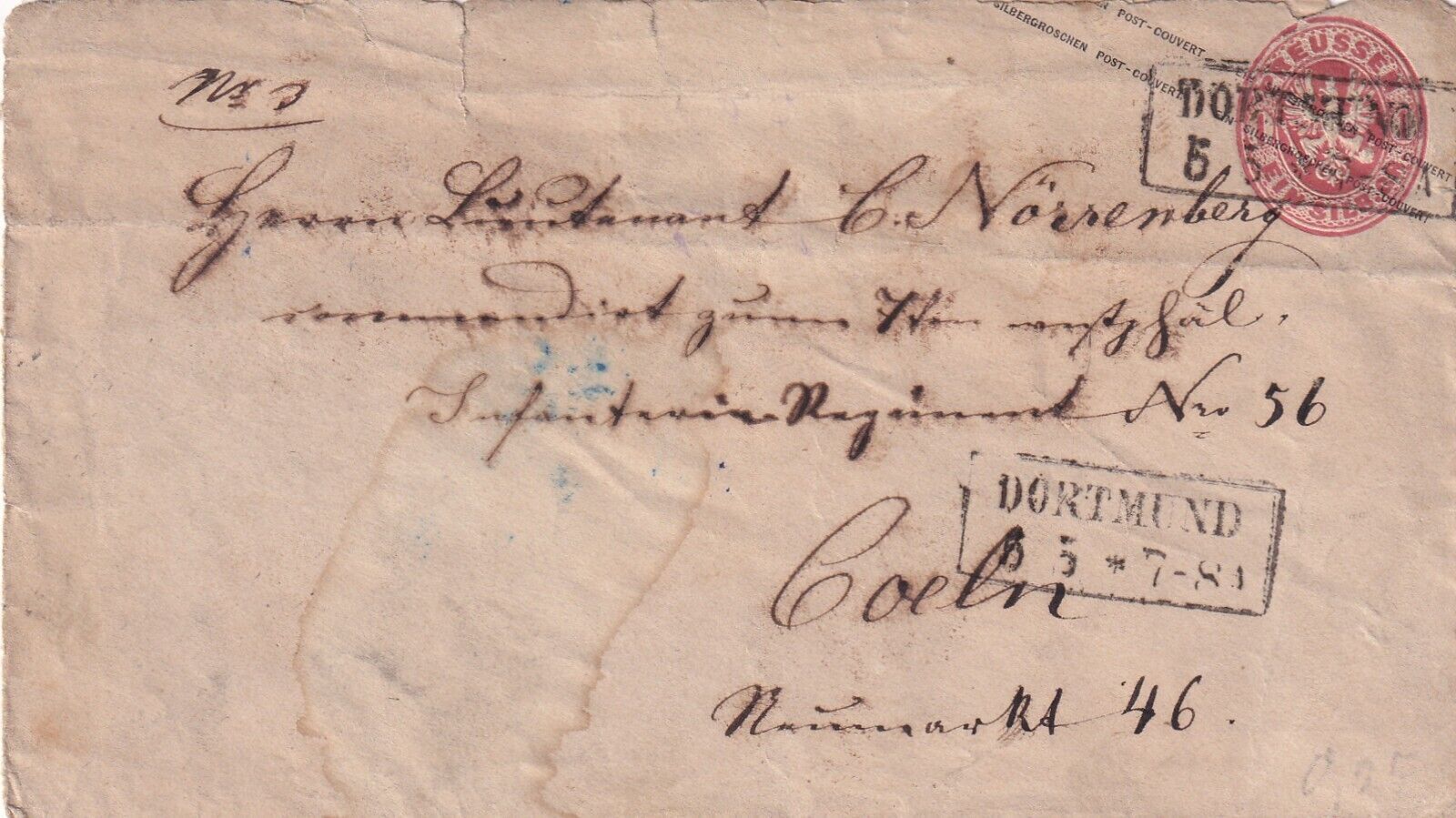 SA19b Prussia, Dortmund (Germany) 1884 to Koeln, cover | Europe ...