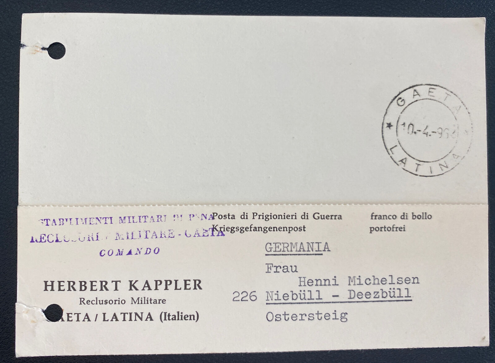 1964 SS Kappler & Reader Prisoners Of War POW Gaeta Italy Postcard ...