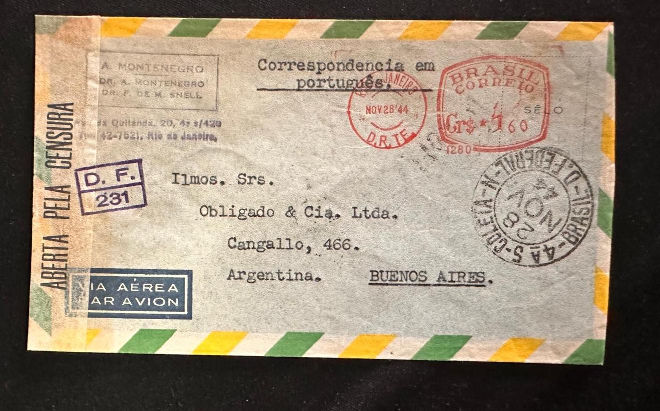 CM) 1944. Brazil. Mechanical Postage. Envelope Sent Argentina. XF ...