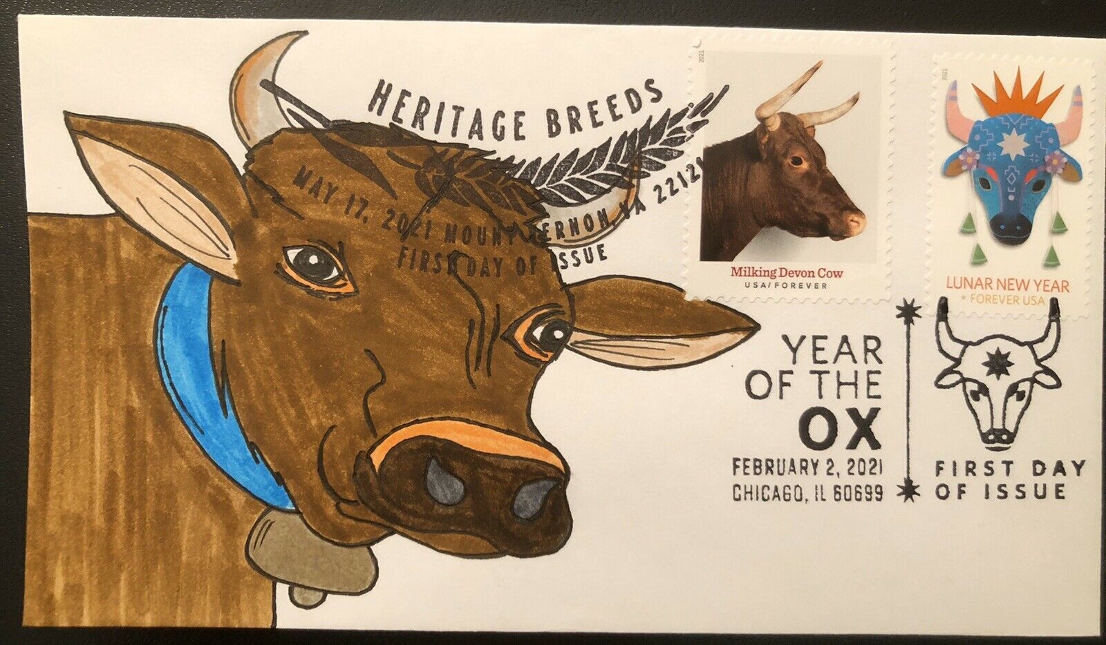 2021 Heritage Breeds FDC Milking Devon Cow Hand Drawn Cachet Lunar Year ...