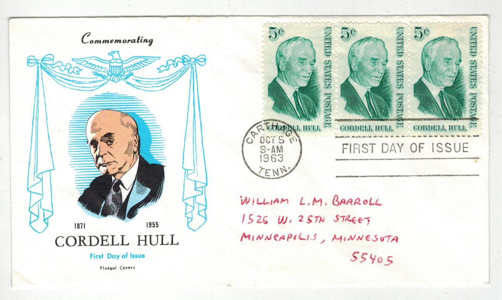1963 Fluegel FDC 1235 Cordell Hull Strip of 3 Stamps | United States ...